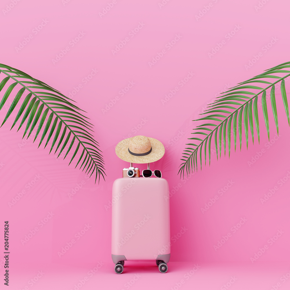 Pink suitcase with traveler accessories and coconut leaves on pastel ...