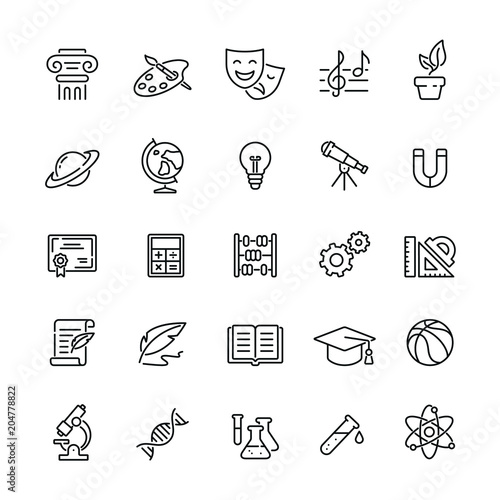 School subjects related icons: thin vector icon set, black and white ...