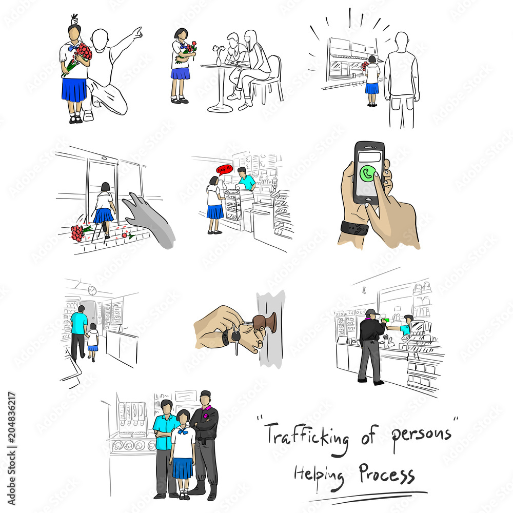 helping process of human trafficking in Thailand vector illustration sketch doodle hand drawn ...