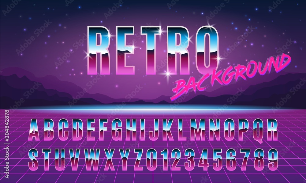 Retro background and font in style the 80s. Poster template. Vector ...