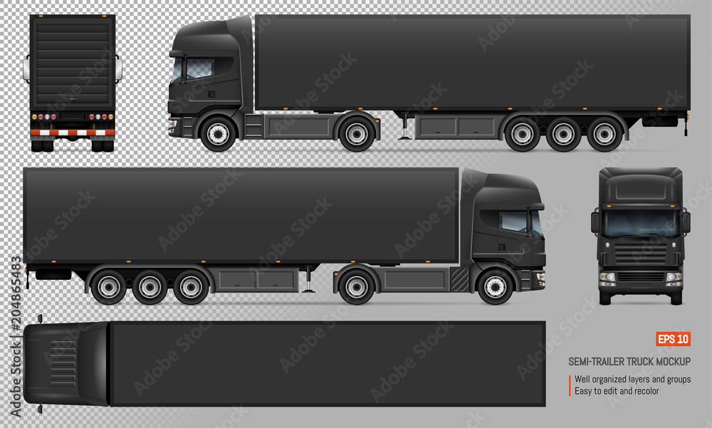 Black trailer truck vector mockup. Isolated template of big lorry on ...