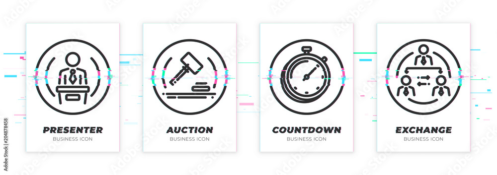 Presentation, auction, countdown, exchange. Business theme glitched ...