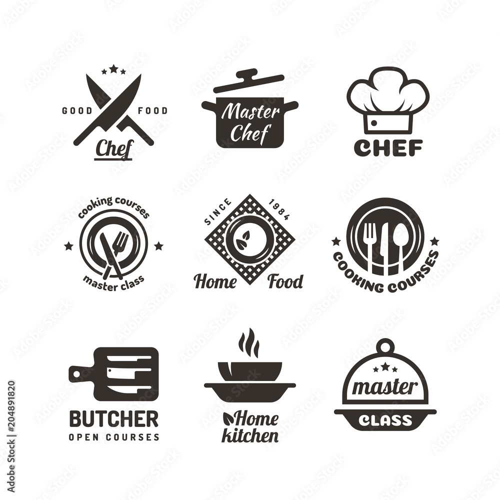 Cooking master classes labels. Restaurant or cafe menu emblems. Chef ...