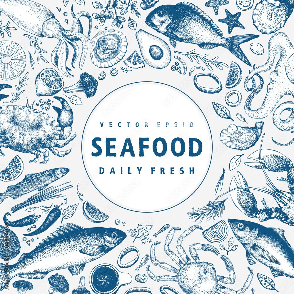 Seafood vector frame illustration. Can be use for restaurants menu ...