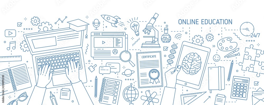 Horizontal banner with hands typing on computer and various office ...