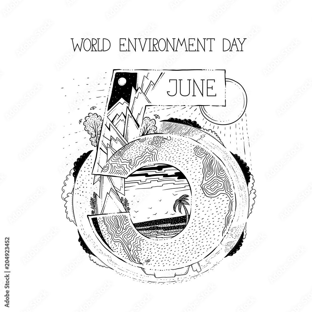 Card or poster environment day on fifth June. Landscape from different ...