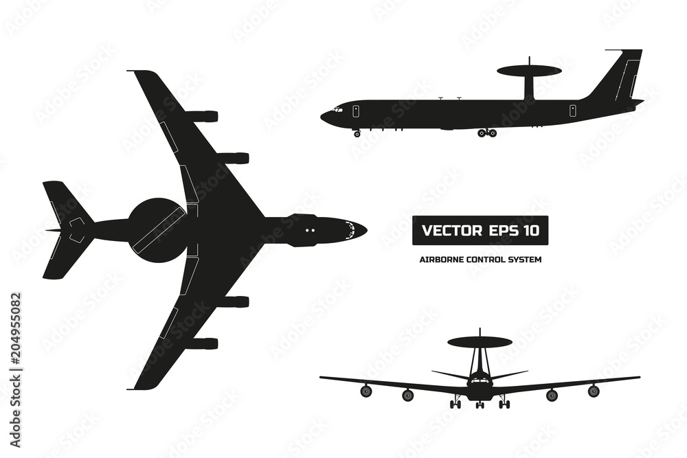 Silhouettet of military aircraft. Top, front and side jet view. Army ...