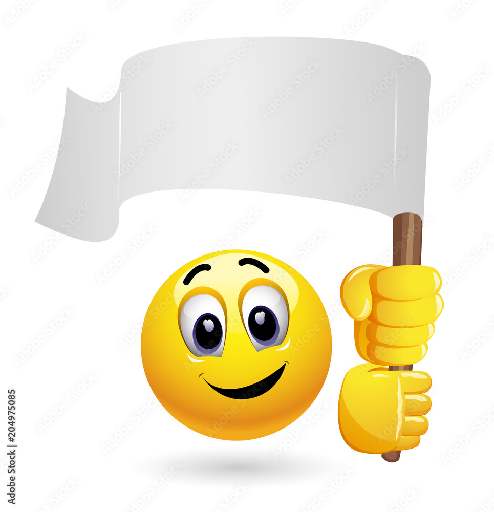 Smiley emoticon waving big blank flag. Smiley holding winner flag ...
