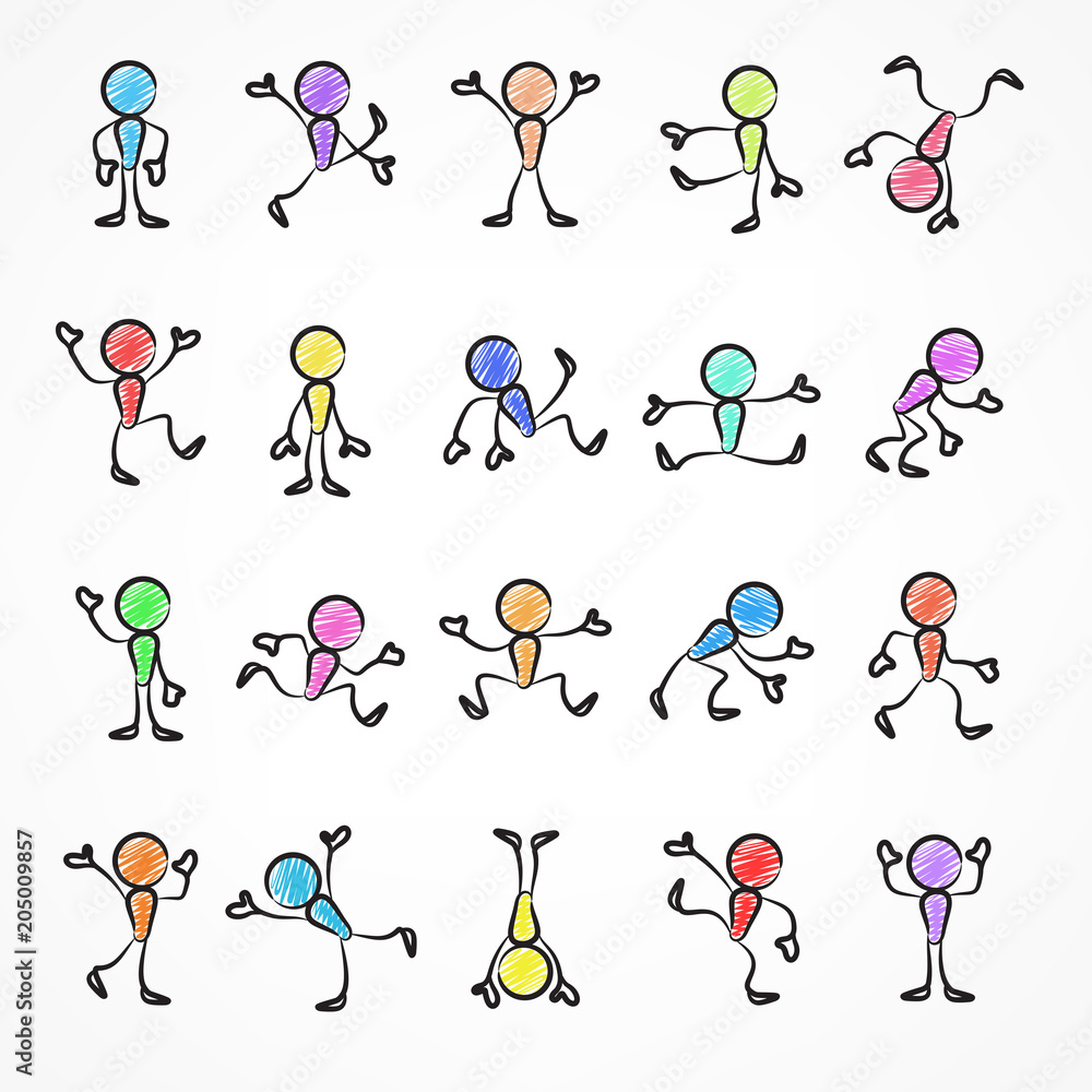 Collection of color stick moving figures with different poses. Stock ...