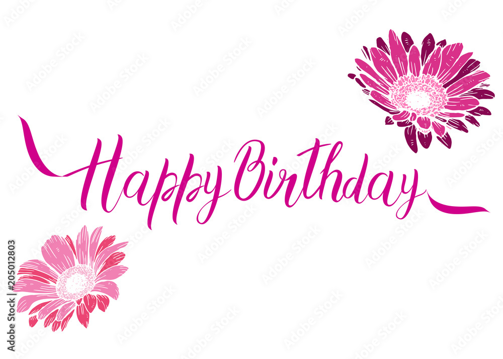 Happy Birthday pink text with flowers isolated on white background ...