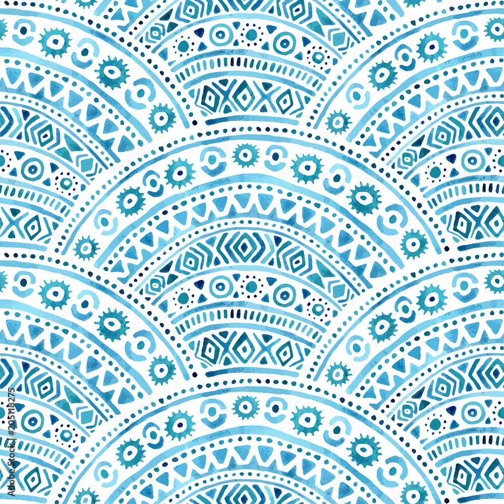 Seamless wavy watercolor pattern. Geometrical ornament hand-drawn. Blue ...