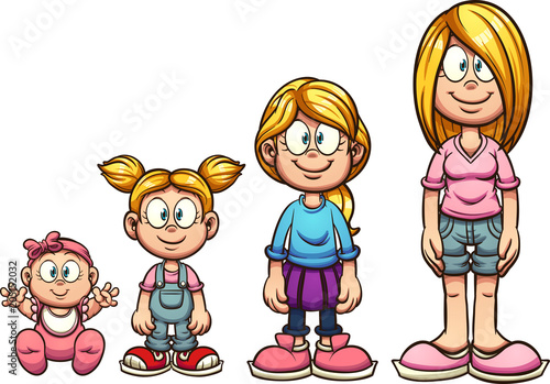 Cartoon girl growing up from baby to teenager. Vector clip art ...