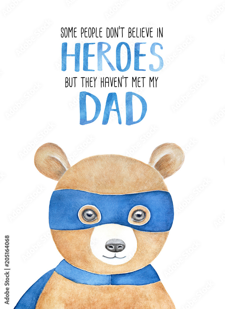 Happy Father's Day card design with little teddy bear in super hero ...