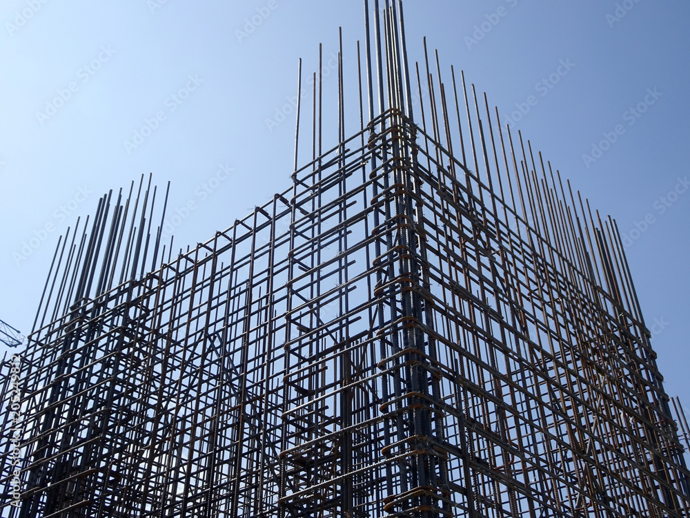 Steel reinforcement bar and timber formworks at construction site. Be ...