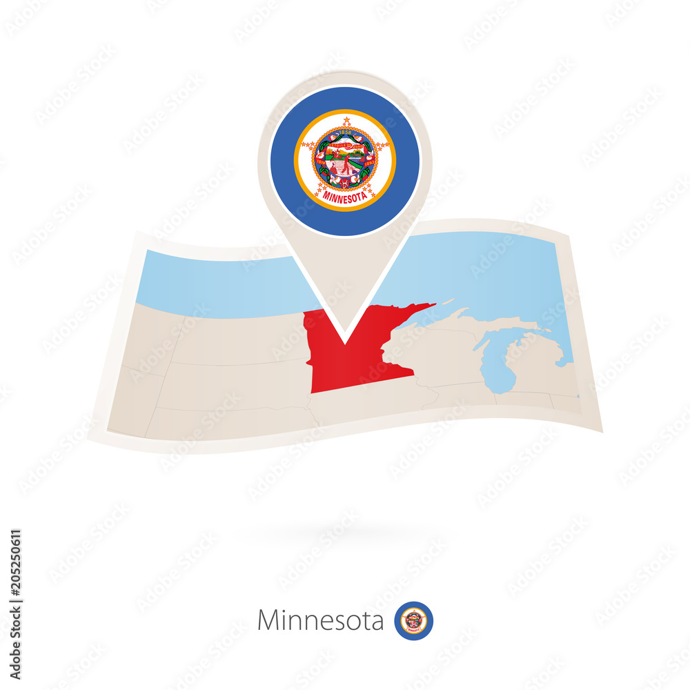 Folded paper map of Minnesota U.S. State with flag pin of Minnesota ...