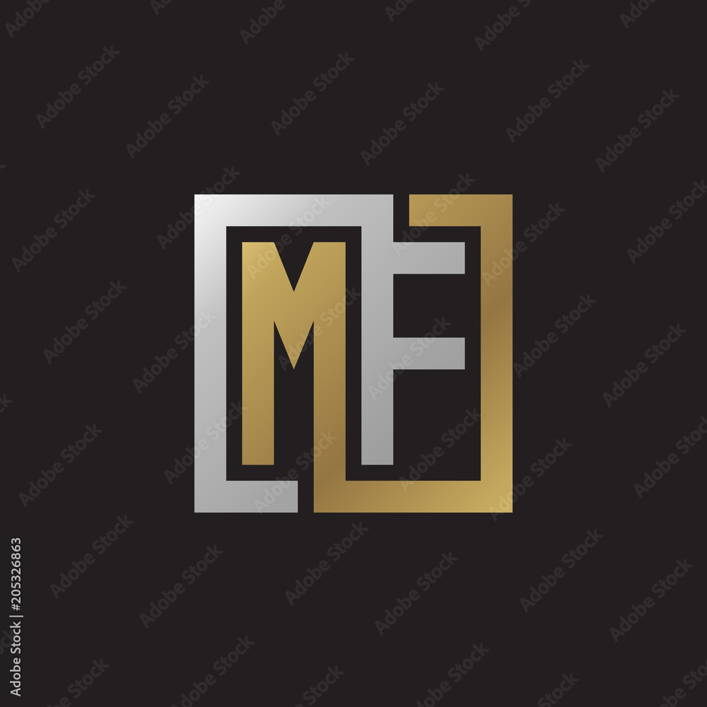 Initial letter MF, looping line, square shape logo, silver gold color ...