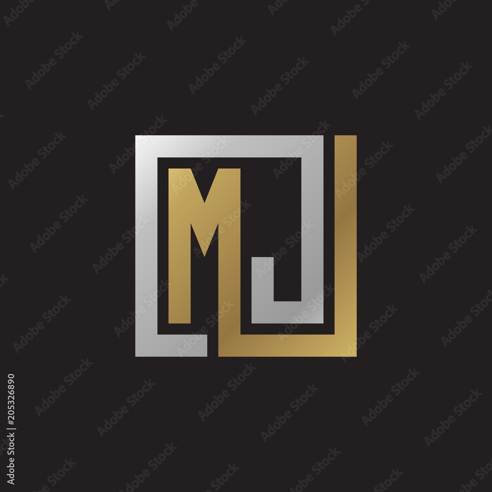 Initial letter MJ, looping line, square shape logo, silver gold color ...