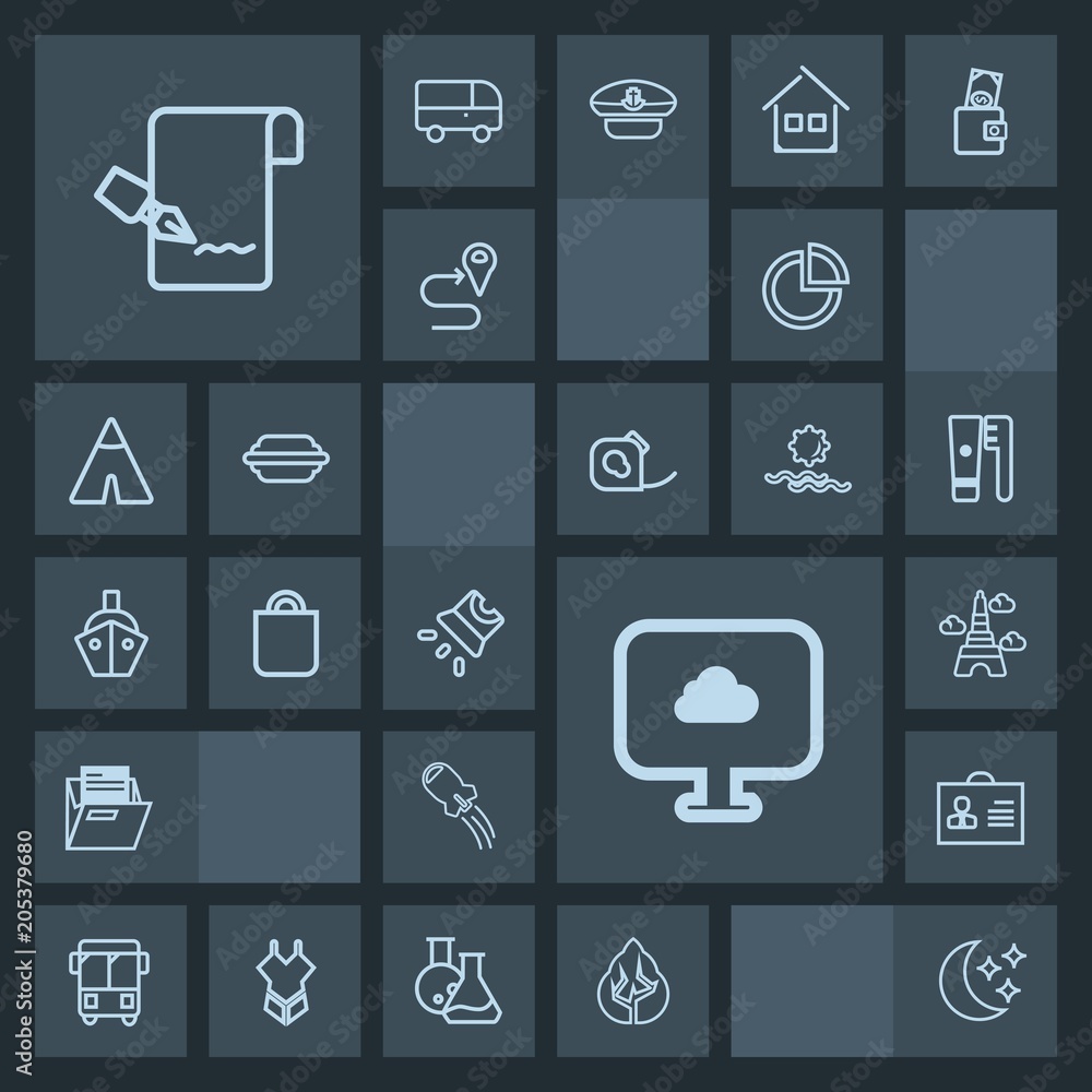 Modern, simple, dark vector icon set with woman, office, document ...