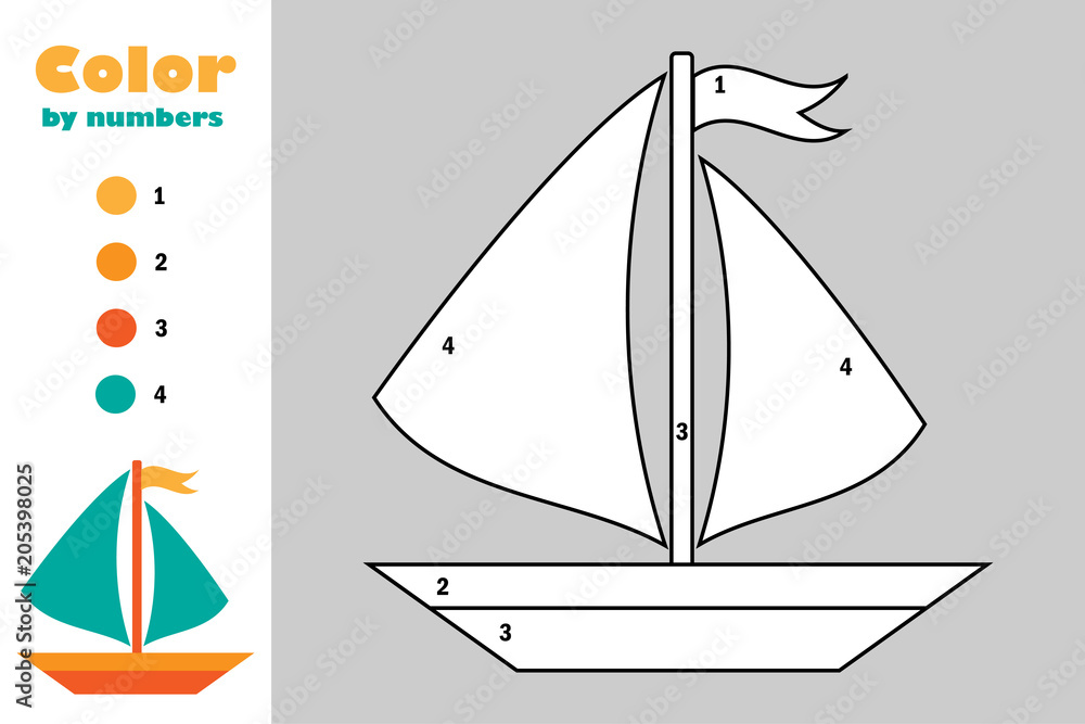 Ship in cartoon style, color by number, education paper game for the ...