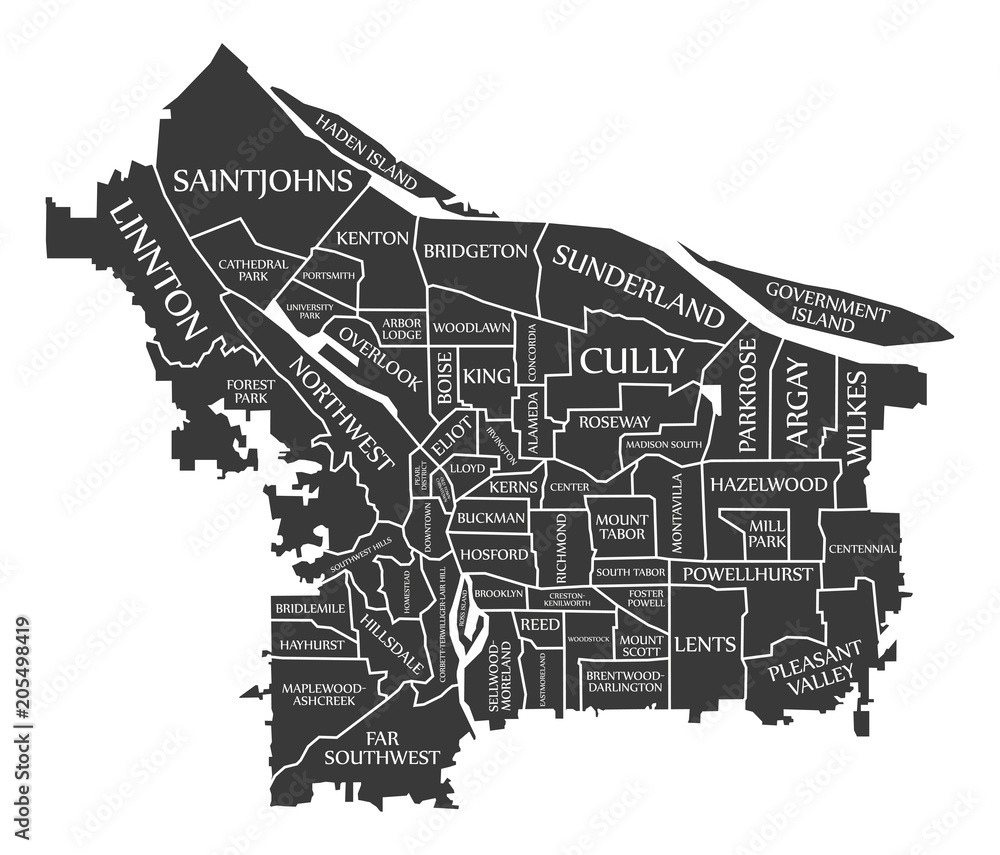 Portland Oregon city map USA labelled black illustration Stock Vector ...