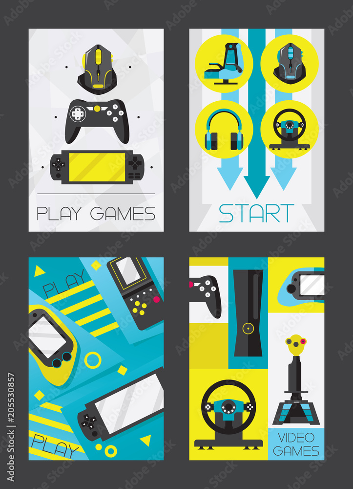 Video games and gamers certical cards design. Accessories for playing ...