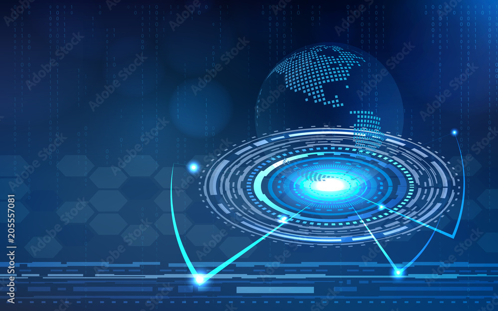 Blue technology circle and computer abstract background with blue and binary code matrix ...