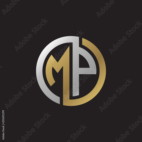 Initial letter MP, looping line, circle shape logo, silver gold color ...