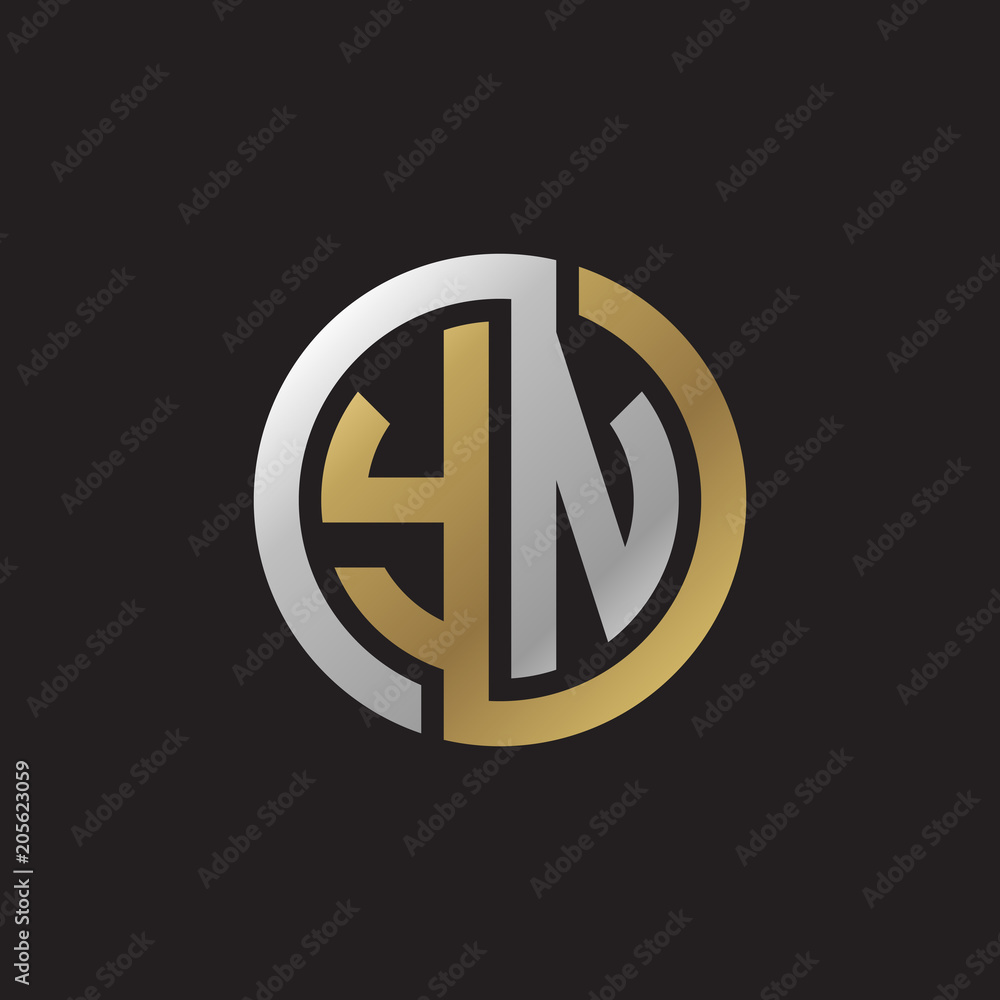Initial letter YN, looping line, circle shape logo, silver gold color ...