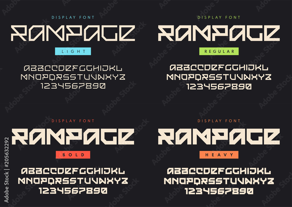 Vector modern display font named Rampage. Light, regular, bold a Stock Vector | Adobe Stock