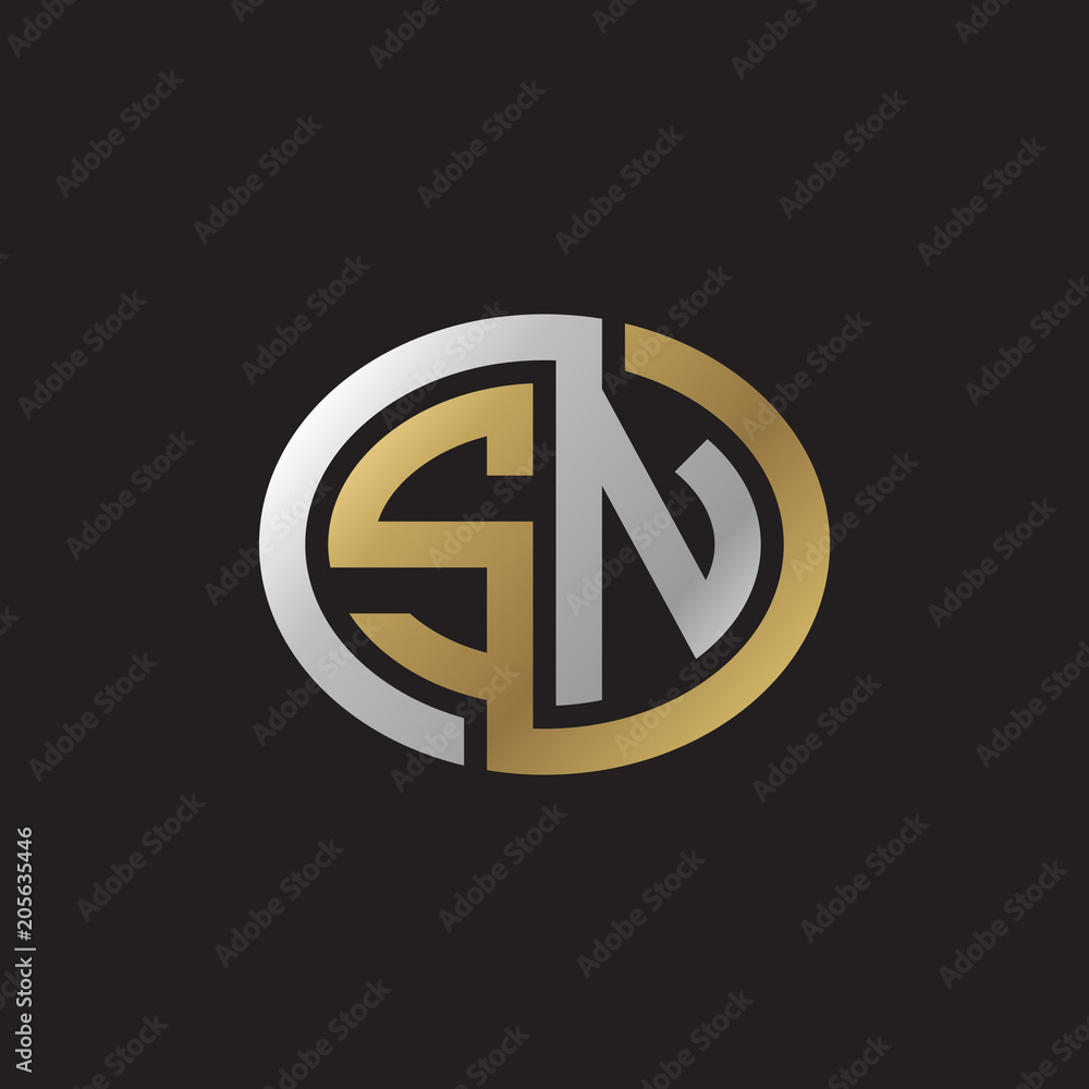 Initial letter SN, looping line, ellipse shape logo, silver gold color ...