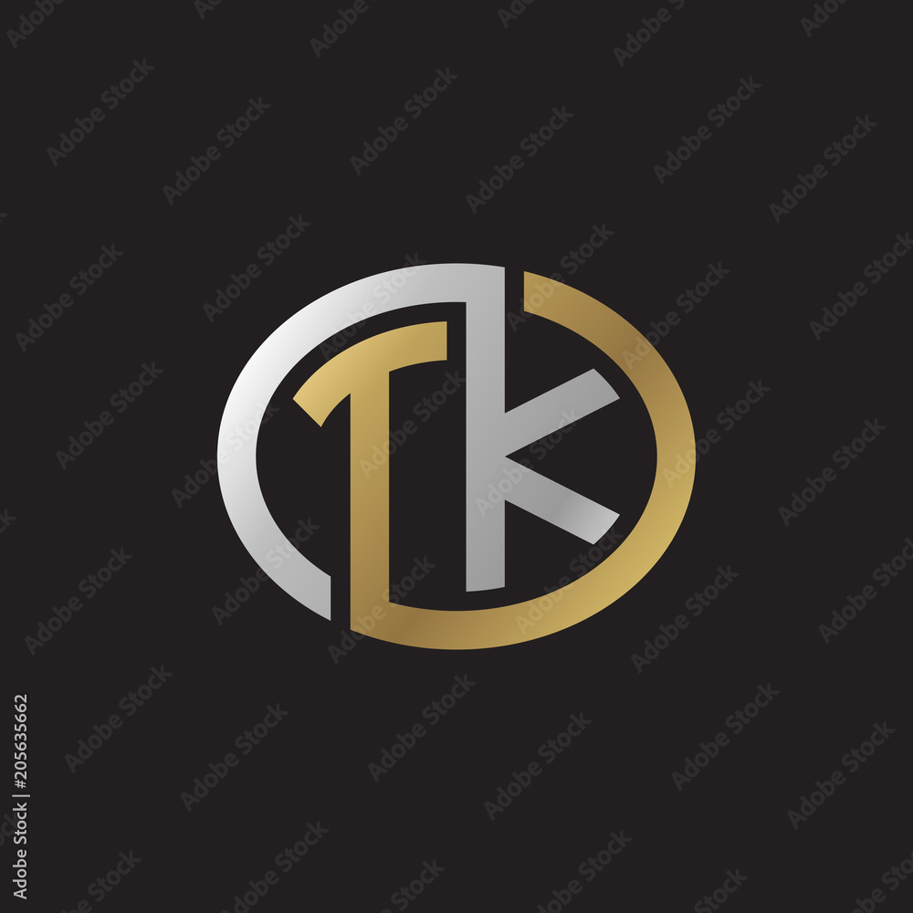 Initial letter TK, looping line, ellipse shape logo, silver gold color ...