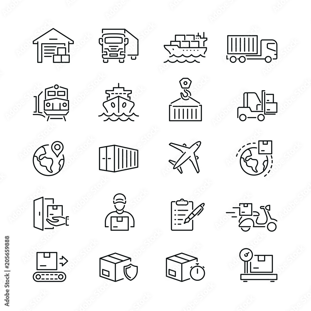 Logistics and transportation related icons: thin vector icon set, black ...