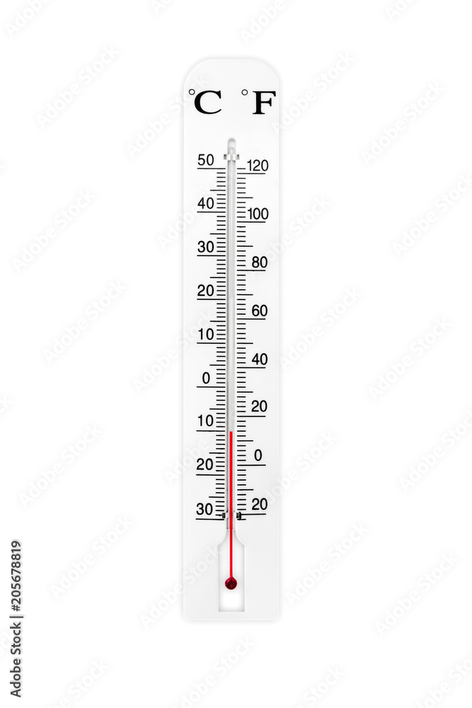 Atmospheric plastic meteorology thermometer isolated on white ...