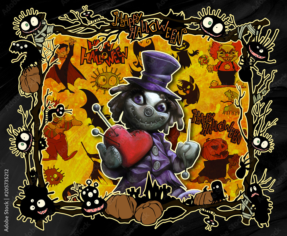 Cartoon halloween frame illustration decorated with diverse evil ...