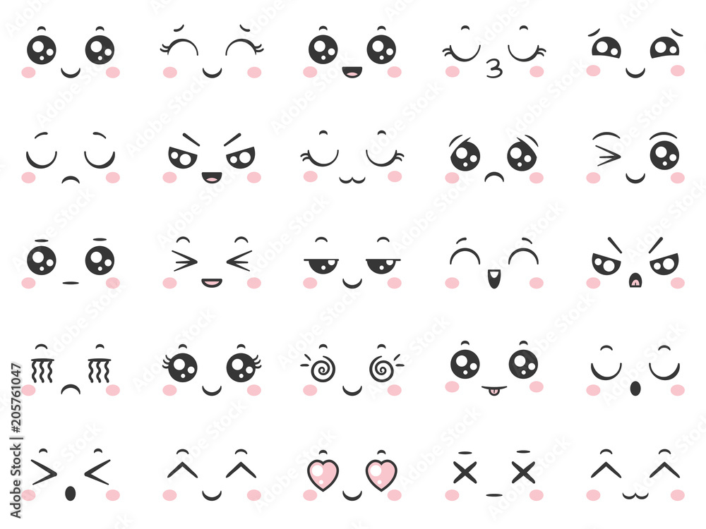 Cute doodle emoticons with facial expressions. Japanese anime style ...