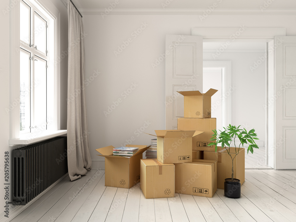 Interior with packed cardboard boxes for relocation 3D rendering Stock ...