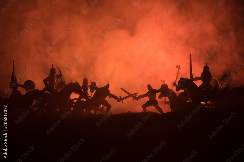 Medieval battle scene with cavalry and infantry. Silhouettes of figures ...