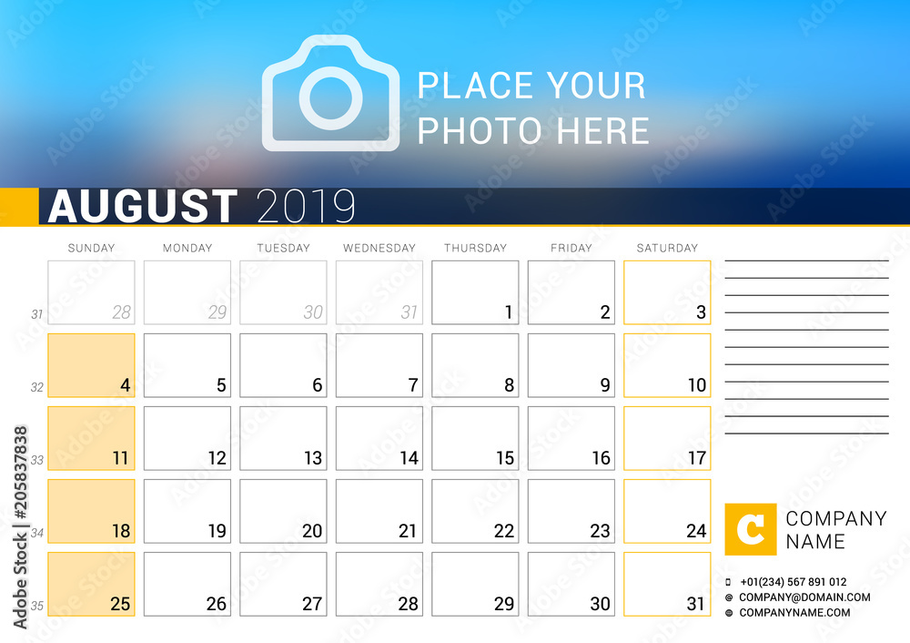 Calendar for August 2019. Vector Design Print Template with Place for ...
