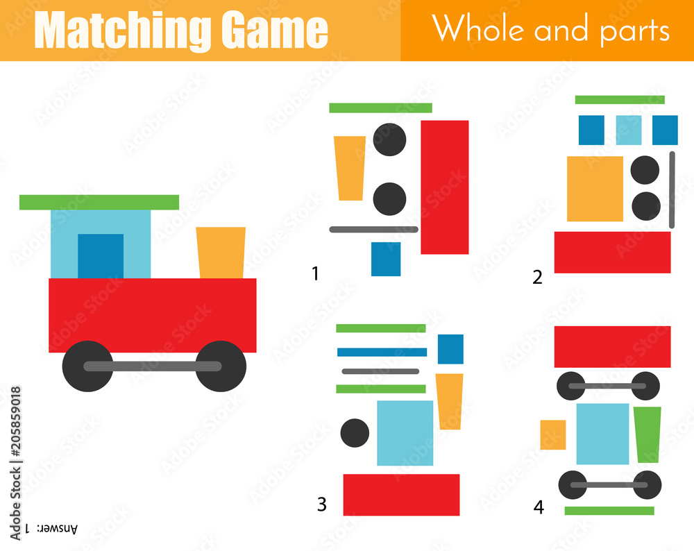 Matching game. Educational children activity with toy train. Learning ...