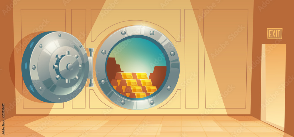 Vector cartoon illustration of bank vault, metallic iron safe door ...