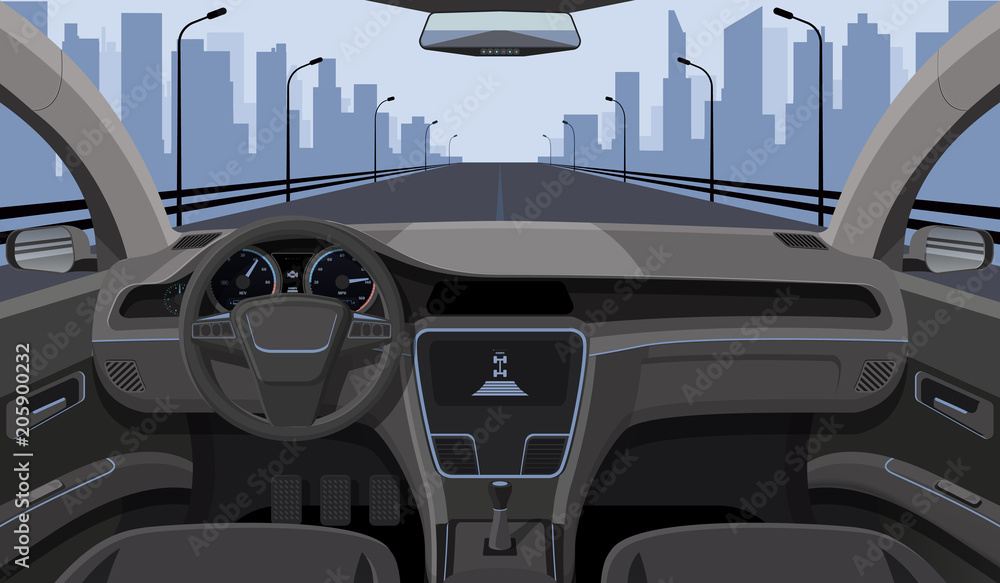 Inside car driver view with rudder, dashboard front panel and highway ...