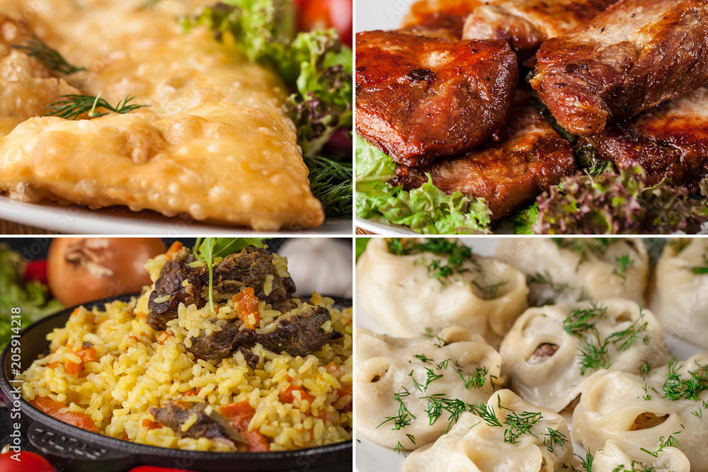 Traditional Tatar cuisine, pilaf in a cauldron, manta rays on a white ...
