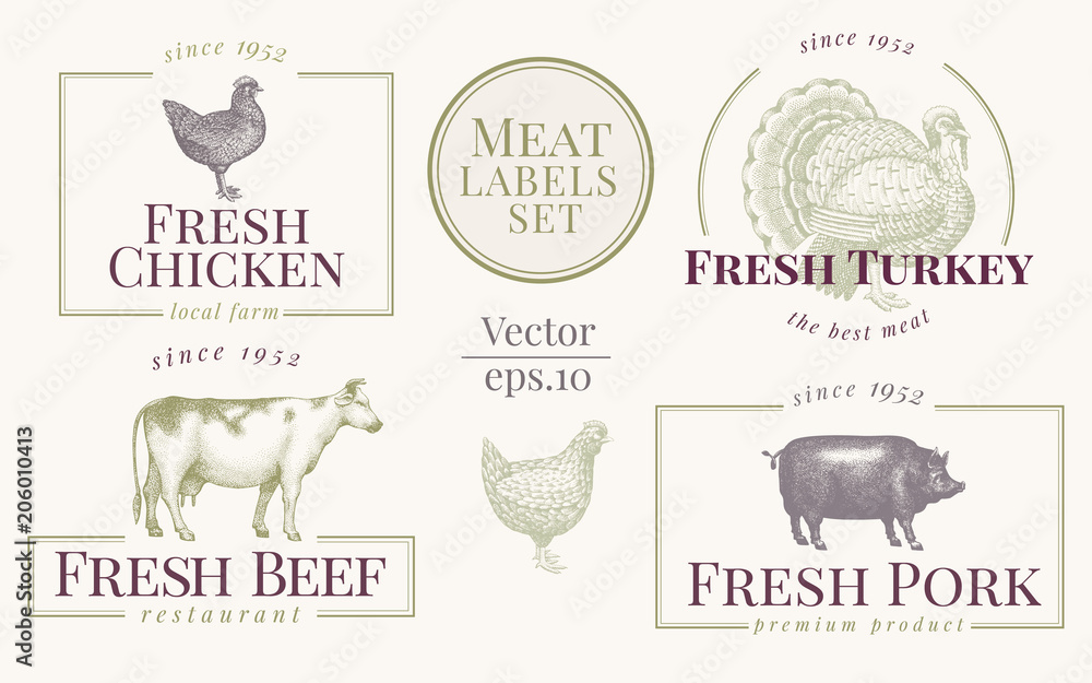 Labels with farm animals. Set templates logotype for shops and markets ...