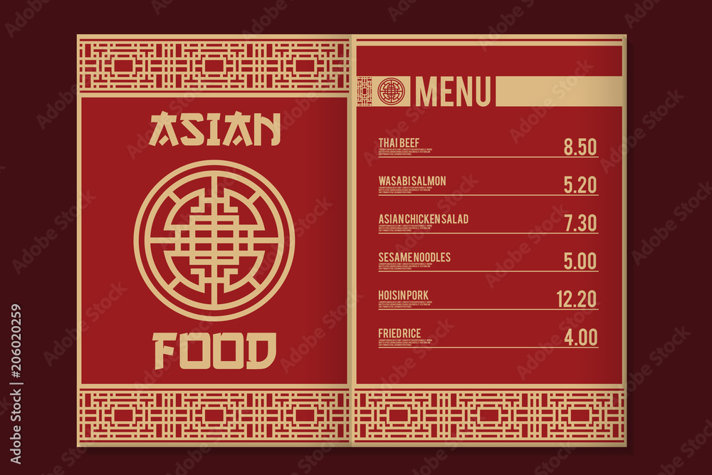 Asian style menu with asian patterns and symbols. Sushi and traditional ...