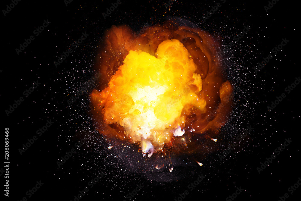 Realistic fiery bomb explosion with sparks and smoke isolated on black ...