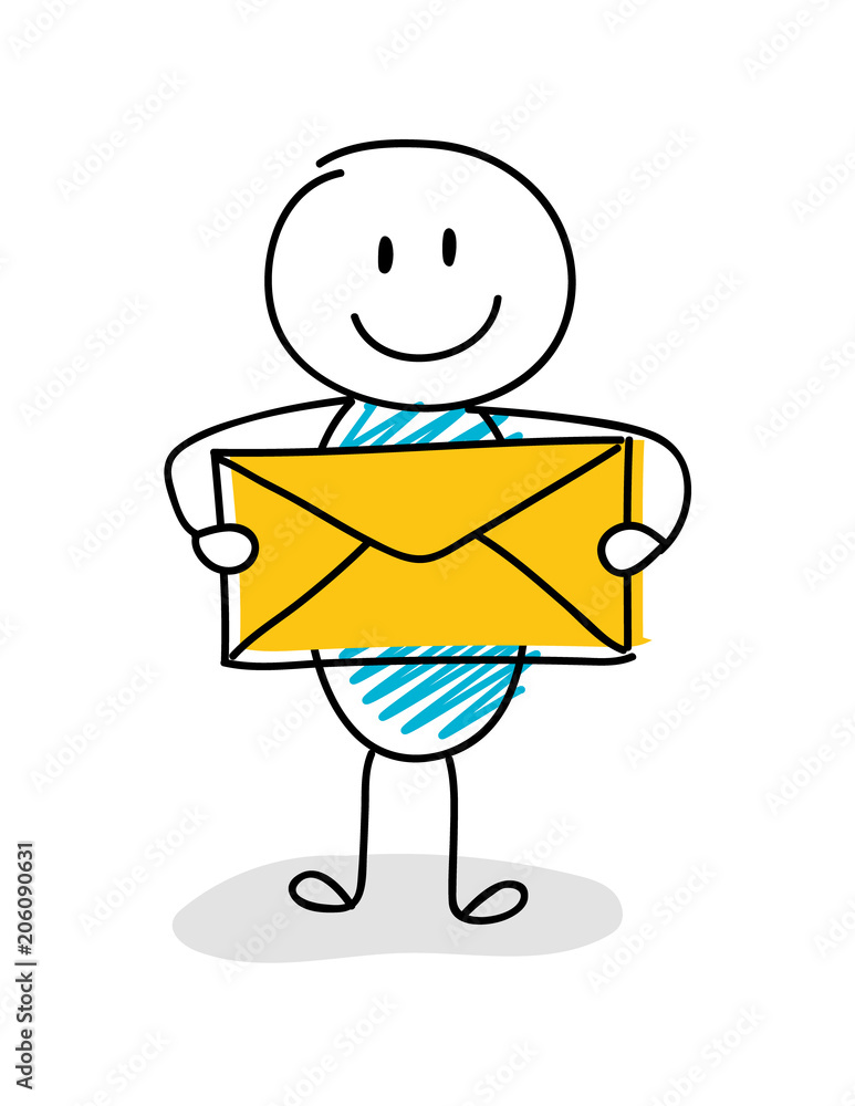 Conceptual image with cartoon stickman showing envelope (email) icon ...