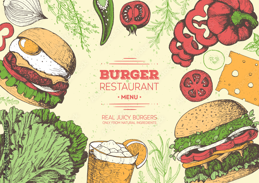 Burgers and ingredients for burgers colorful vector illustration. Fast ...