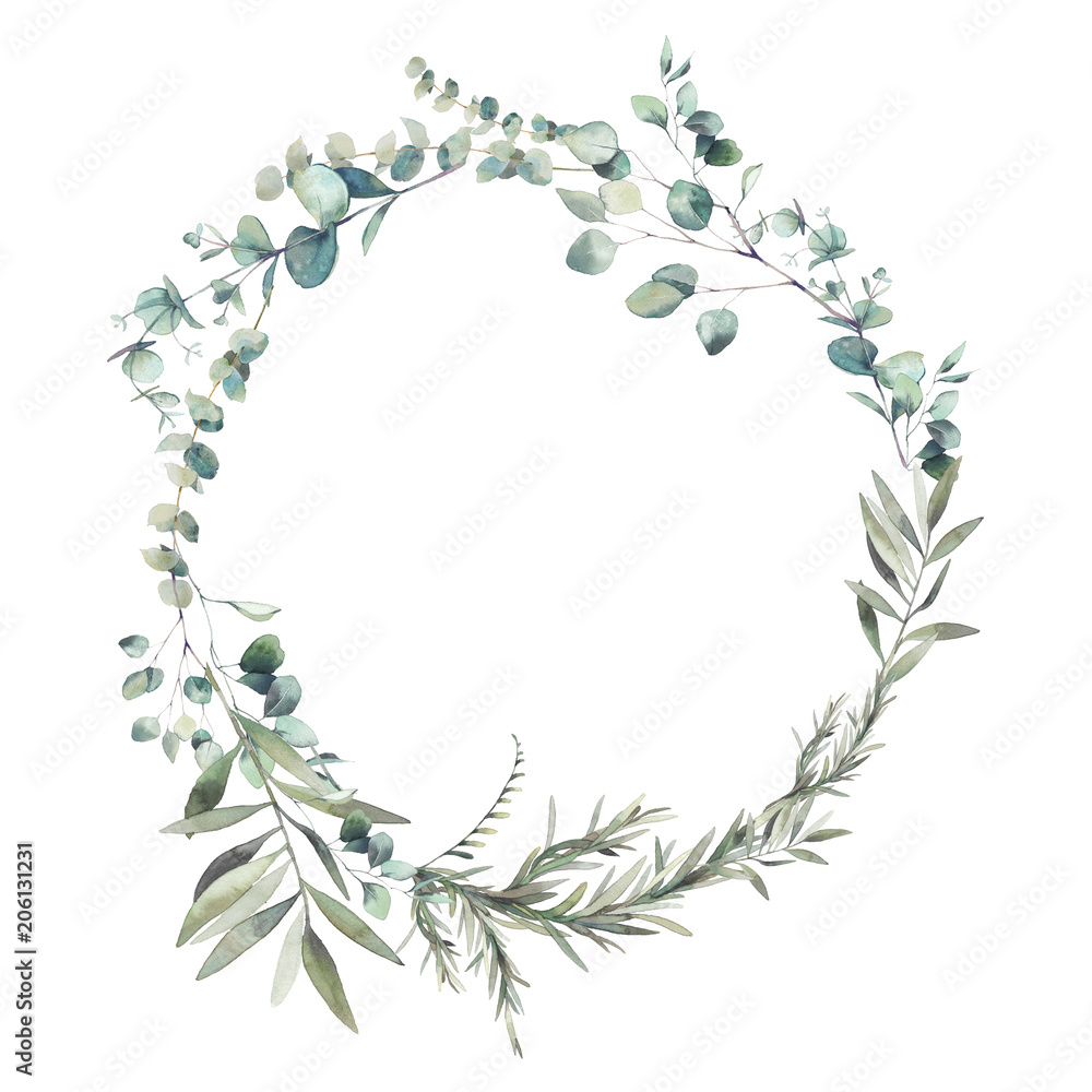 Watercolor greenery combination. Eucalyptus branches and olive tree ...