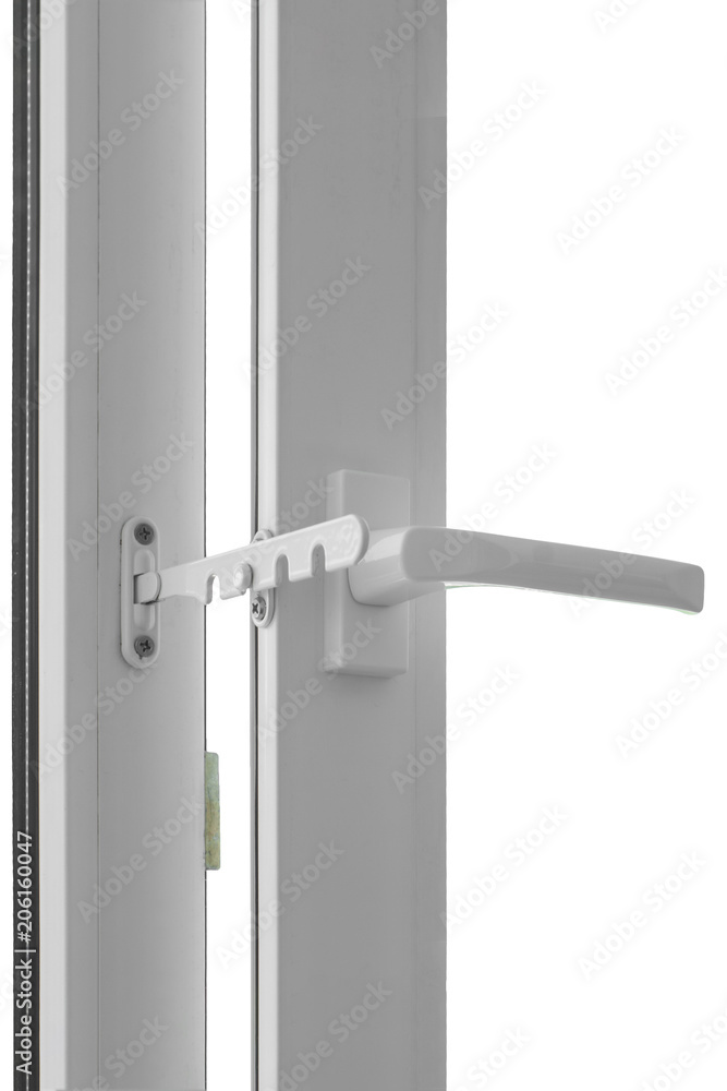 PVC window with opening limiter for room ventilation isolated on white ...