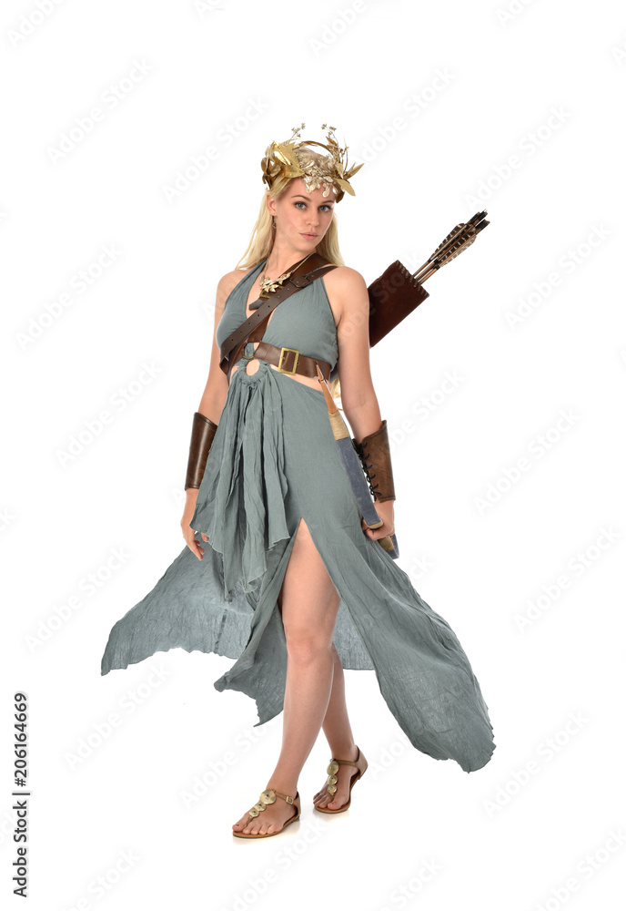 full length portrait of pretty blonde lady wearing fantasy toga gown ...